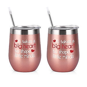 GINGPROUS 2 Pack Teacher Appreciation Gifts in Bulk, It Takes a Big Heart Wine Tumbler Set, Birthday Christmas Teacher Gifts for Teachers Women,12 Oz Stainless Steel Wine Tumbler with Lid, Rose Gold