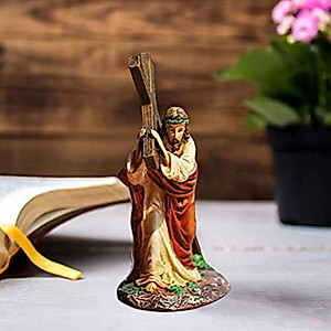 IIDACK Jesus Cross Figure Ornament,Hand-Painted Jesus Church Decorations,Jesus Carrying Cross Resin Figurine,Religious Statues Christian Gift Collection Crafts for Home Office Easter Decor