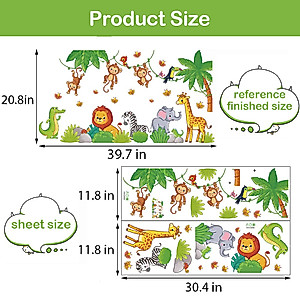 Supzone Jungle Animals Wall Sticker Cartoon Animal Wall Decal Monkey Giraffe Lion Zebra Elephant Wall Decor DIY Vinyl Mural Art for Kids Baby Nursery Bedroom Living Room Playroom