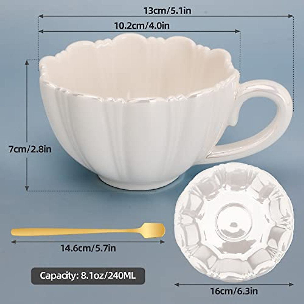 VCXOX Creative Cute Ceramic Coffee Mug with Flower Shape Saucer & Spoon Sets, Novelty Coffee Cup with Comfortable Grip for Office and Home, 8.1 oz/240 ML for Tea Latte Milk Cup (white)