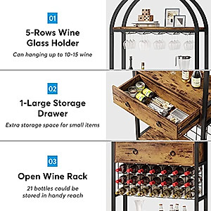 Tribesigns Wine Rack Cabinet Tall Freestanding Floor Liquor Cabinet with Glasses Holder and 1 Drawer, Industrial 21-Bottle Metal and Wood Wine Rack Table for Home Bar, Kitchen, Dining, Rustic Brown