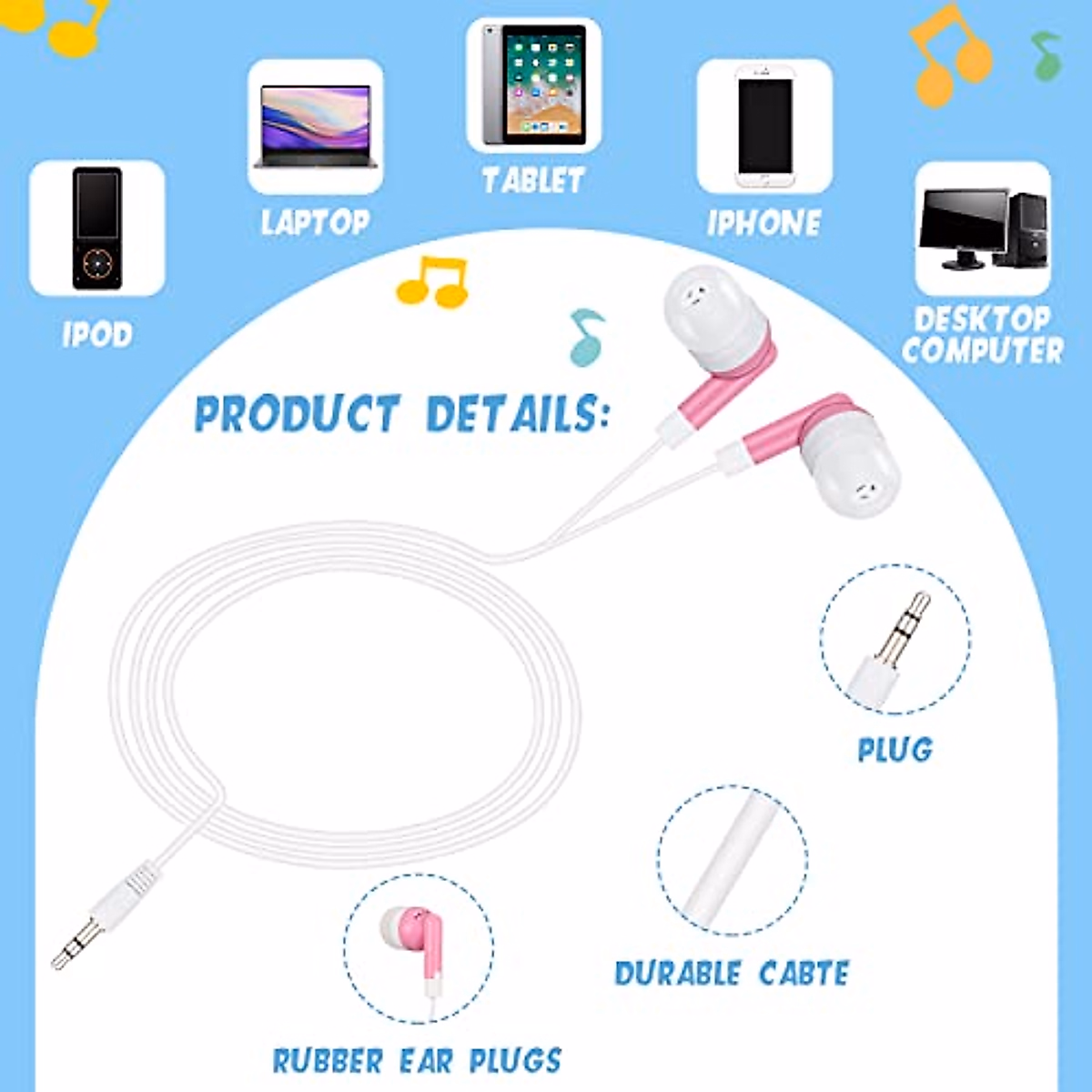 100 Packs Bulk Earbuds Headphones Earphones Kids Colorful in Ear Earbuds Classroom Headphones Bulk Wired Ear Buds Earphones Bulk for Kids Adults Smartphones Laptop Classroom School Library