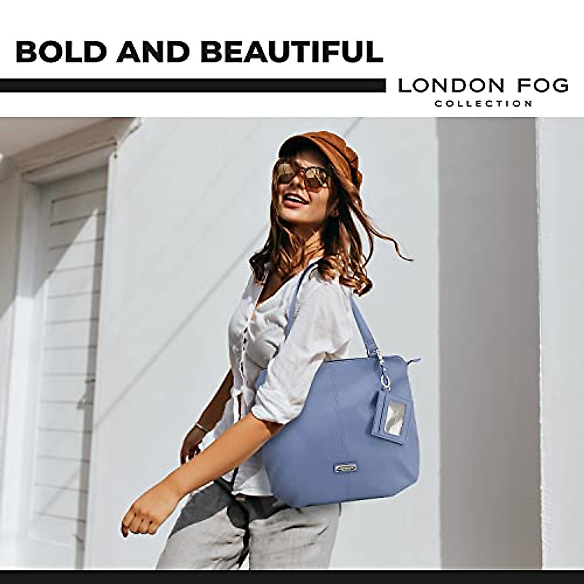 LONDON FOG FLORIANA Satchel for Women, Vegan Leather Shoulder Bag with ID Wallet - Denim