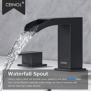 CEINOL Waterfall Bathroom Faucet Matte Black, Bathroom Sink Faucet 3 Hole, Widespread Bathroom Faucet Set with Pop Up Drain and Hose