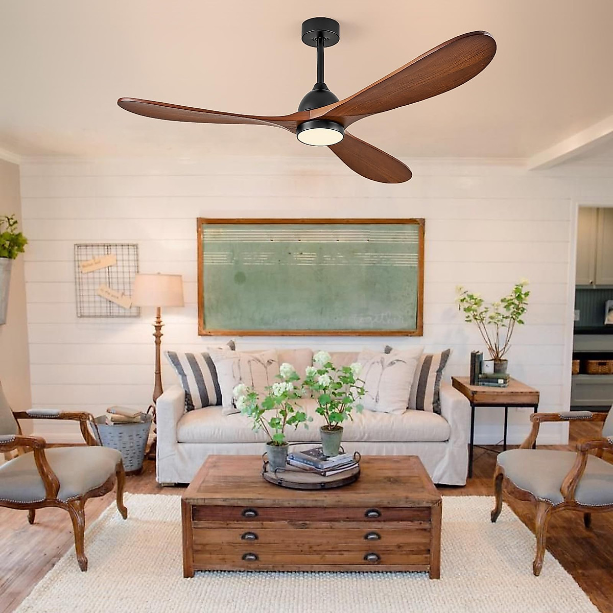 Eliora 54 inch Outdoor Ceiling Fan, Outdoor Ceiling Fans for Patios with Light and Remote Control, 3 Solid Wood Blades, Quiet DC Motor, Outdoor Ceiling Fans for Patios, Porch, Dark Walnut