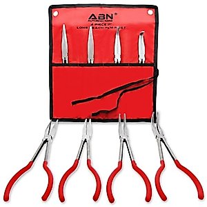 ABN Long Reach 11in Plier 4-Piece Set – 90-Degree Angle, 45-Degree Angle, Straight Needle Nose, and Duckbill Pliers