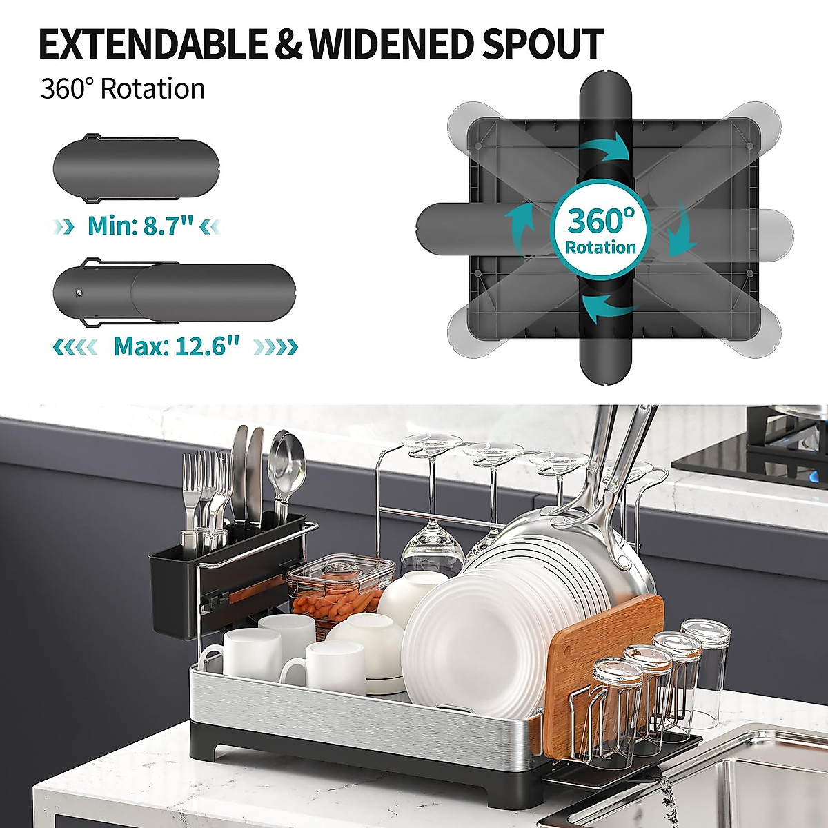 Urackify Dish Drying Rack for Kitchen Counter, 304 Stainless Steel Dish Rack, Multi-Function Dish Drainer with Wine Glass Holder, Large Dish Strainer with Cup Holder, Cutlery Holder, Large Size