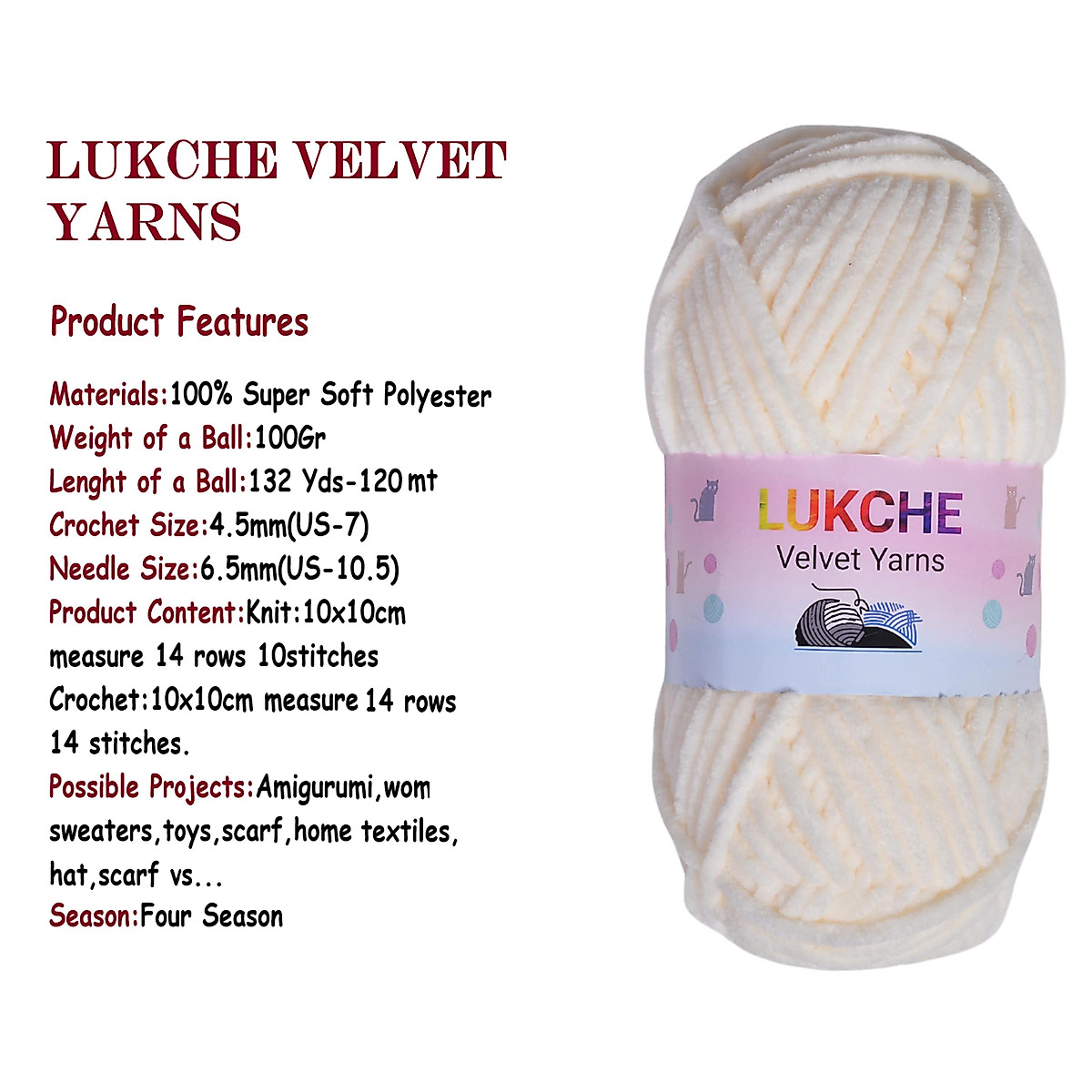 Lukche Super Soft Velvet Chenille Blanket Amigurumi Crochet Baby Blanket Knitting Yarn Super Bulky 3x100 gr (3x132 yds) Including Foldable Scissors (10002-Cream)