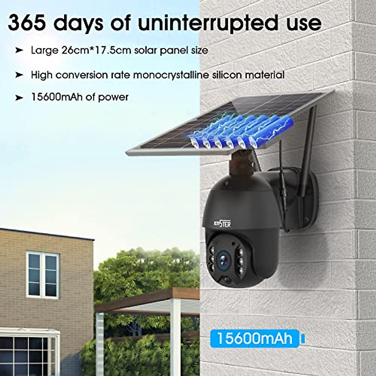 Solar Powered Wireless Security Camera Outdoor,ENSTER Pan Tilt WiFi Home Smart Cam Waterproof with Spotlight,Battery,Solar Panel, Color Night Vision,Motion Detection,2-Way Audio,SD&Cloud Storage-Black