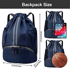 Hoedia Sports Drawstring Backpack - String Swim Gym Bag with Shoes Compartment and Wet Proof Pocket for Women/Men (Navy Blue)