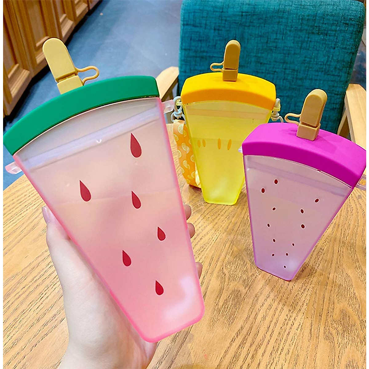 YunQin 320ml Plastic Water Bottles, 4 Colors Cute Watermelon Ice Cream Water Bottle with Straw, Anti-fall Portable Popsicle Shape Water Cup for Girls (pink)