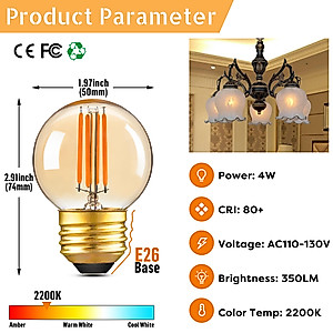 Dimmable Amber Light Bulb E26 Edison LED Light Bulb,G16.5/G50 Small Globe Filament Amber Night Light Bulb 4W,AC120V Warm White 2200K 350LM,Decorative Bulbs (Straight Filament 4W E26, 2 Pack)