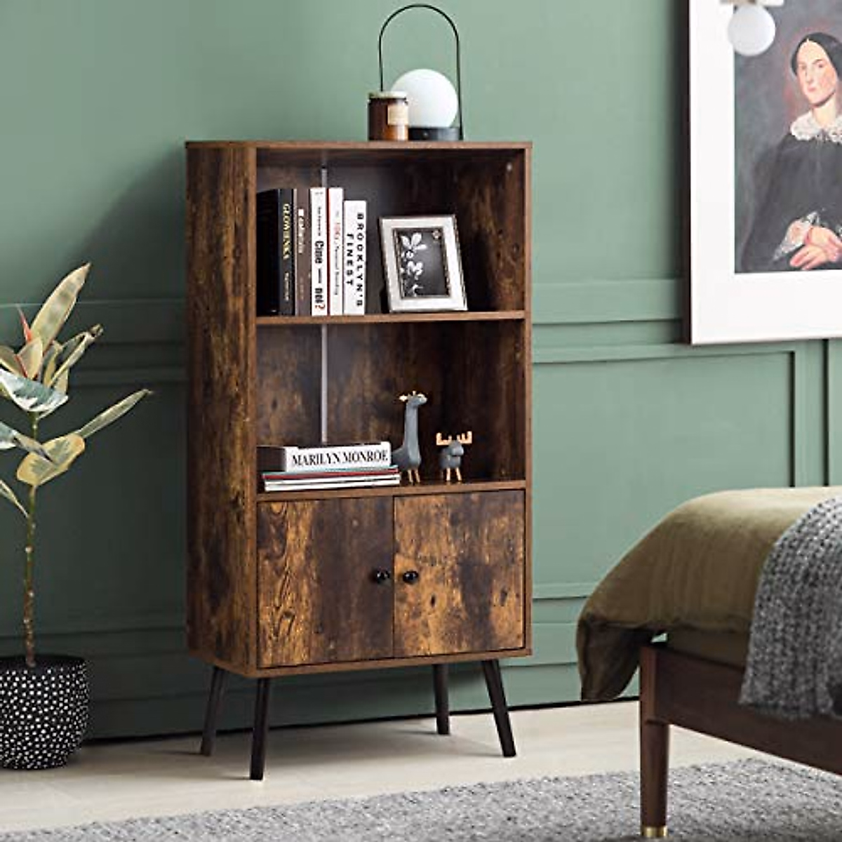 Tangkula Retro Bookcase, Industrial 2 Tier Bookshelf with Doors & Solid Wood Legs, Mid-Century Modern Storage Cabinet in Living Room Bedroom Office (Rustic Brown)