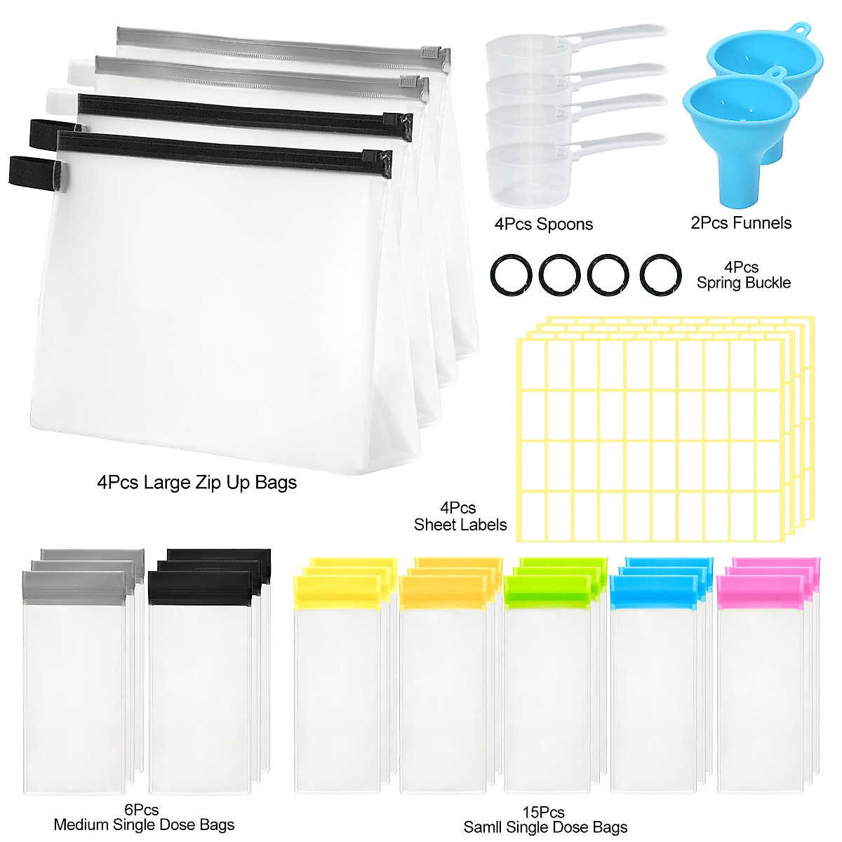 Tinrbip Protein Powder Container To Go, 25Pcs Protein Powder Travel Containers Set Include 21Pcs Single Dose Bags and 4Pcs Large Zip Up Bags, 2Pcs Funnels, 4Pcs Spoons and Sheet Labels, Spring Buckle