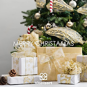 Vitalizart Christmas Ribbon Gold Wired Organza Sheer Ribbon 2.5 Inch x 10 Yards Glitter Snowflake for Tree Decoration Gift Wrapping Crafts Wreath Topper Bow Wedding Invitations Bridal Bouquets