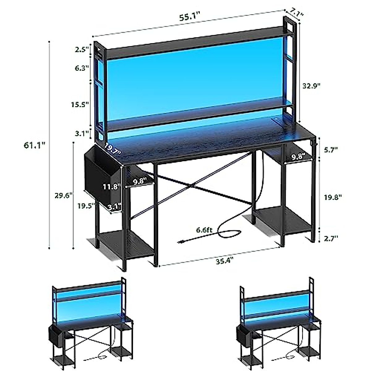 Huuger 55 inch Computer Desk with Adjustable Shelves, Gaming Desk with LED Lights & Power Outlets, Home Office Desk with Monitor Stand, Hooks & CPU Stand, Black