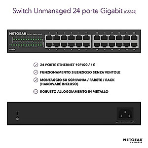 NETGEAR 24-Port Unmanaged Gigabit Ethernet Switch (GS324) - Desktop, Wall or Rack Mount, Quiet Operation
