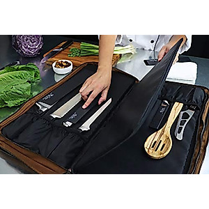 Waxed Canvas Chef Knife Bag Holds 19 Knives PLUS Knife Steel Meat Cleaver and Large Storage Compartments! Our Most Durable Professional Line Knife Carrier Includes Custom Padlock! (Bag Only) (Khaki)