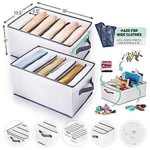 UrbanEco (2pcs  Wardrobe clothes organizers for drawers with 2 Handles - 6 Grids Pants organizer for large Jeans, leggings, tshirts,  Yoga pants, Sweater-White