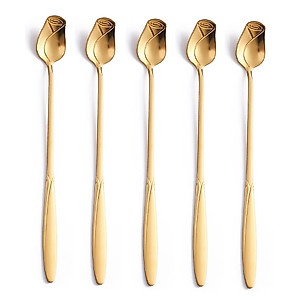 10 Pack Rose Flower Stirring Spoons - 6.8 Inch Stainless Steel Coffee, Tea, Milkshake, Cocktail, Bar Spoons - Gold