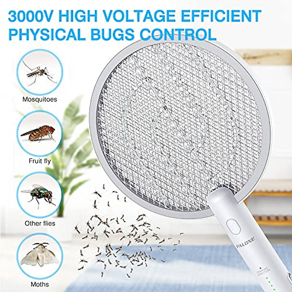 PALONE Electric Fly Swatter 3000V Bug Zapper Racket 2 in 1 Fly Swatter with 1200mAh Battery Rechargeable Mosquito Killer Lamp with 3 Layers Safety Mesh for Indoor and Outdoor