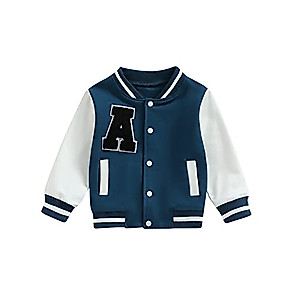 MAINESAKA Baby Boy Girl Varsity Jacket Contrast Color Baseball Jacket Outwear Long Sleeve Button DownLetterman Jacket Coat (Blue , 18-24 Months )