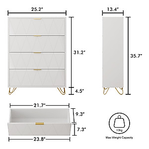 ADOFFUR White Dresser for Bedroom, Wood Tall 4 Drawers Dresser with Metal Handles and Legs, Modern Dressers & Chest of Drawers with with Anti-Tipping for Bedroom, Living Room, Hallway, Entryway