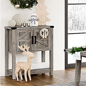 WAMPAT Modern Farmhouse Buffet Cabinet, Wood Sideboard with Cabinet & Open Storage for Living Room, Kitchen, Magnetic Door Catch, 5-Level Adjustable Shelf, Riveted Metal Braket, Wash Grey
