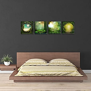 Green Forest Wall Art Prints Funny Wonderland Canvas Paintings 4 Pieces Nature Landscape Pictures Fairyland Artwork for Nursery Living Room Bathroom 12"x12"