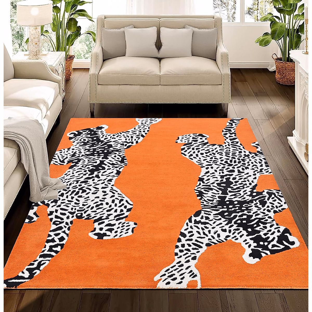 Restoration and Renovation Climbing Jaguar Modern Handmade Wool Rug for Living Room, Bedroom and Dining Room (Orange, 5' x 7')