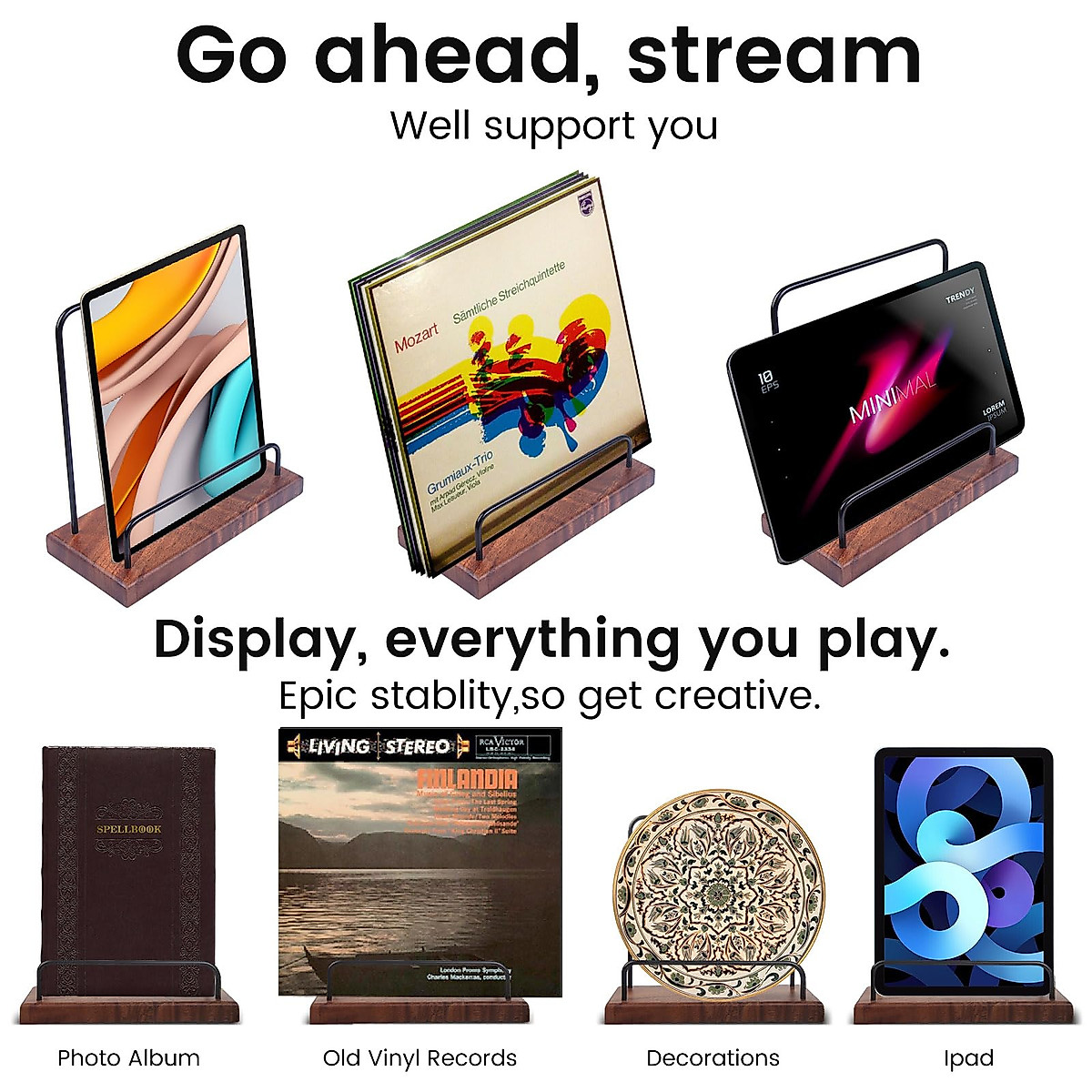 Aomomery Now Playing Vinyl Record Holder, Solid Wood Stand, Tabletop Display for Albums, CDs, iPads, Singles and LPs (Walnut)