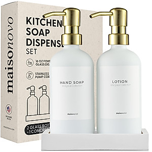 MaisoNovo Soap Dispenser 3-Piece Set | 16.9oz White Bottles with Gold Stainless Steel Pumps