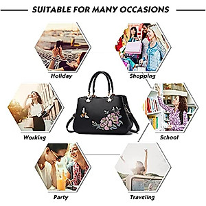 Embroidery Flowers Handbags for Women Ladies Tote Shoulder Bags PU Leather Satchel Top Handle Satchel Purse (Purple B)