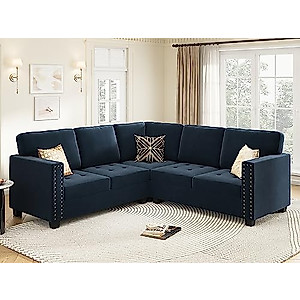 HONBAY Velvet Convertible Sectional Sofa L Shaped Couch Reversible 4 Seat Corner Sectional Sofa for Small Space, Dark Blue