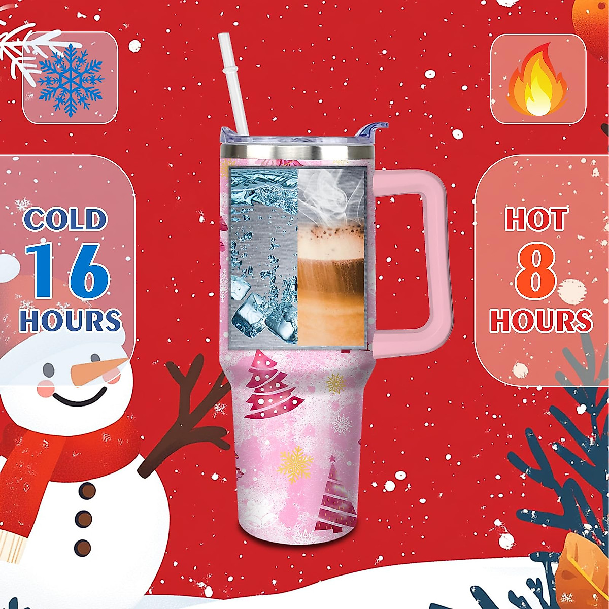 qoepfnsh Christmas Tumbler 40 oz Christmas Tumblers with Handle and Straw Pink Christmas Tree Stainless Steel Insulated Coffee Cups Mugs Christmas Gifts Stuff Decor for Women Girls