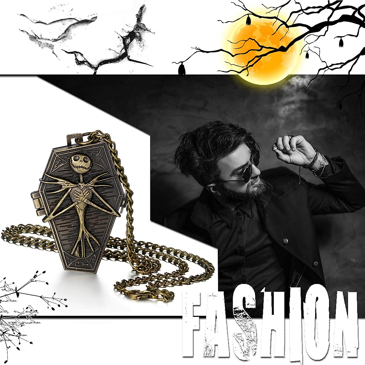 Lancardo Men's Pocket Watch Bronze Vintage Irregular Punk Skull Case Arabic Numeral Display Quartz Pocket Watch with Chain for Father's Day