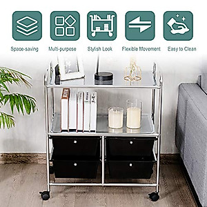 RELAX4LIFE Storage Cart W/Four Drawers, Wheels and Two Shelves, Stable Steel Frame Craft Cart for Office,Home, Make Up Storage and Files Arrangement Storage Cart Organizer (Black)