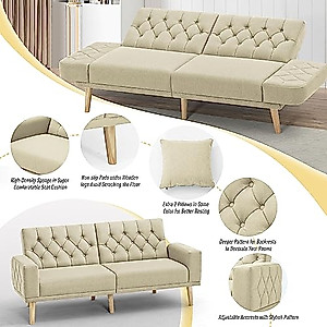 ACMEASE 70” Linen Fabric Futon Sofa Bed with Adjustable Backrests, Tufted Sleeper Couch with Convertible Armrest, 82” Extendable Loveseat Sofa with 2 Pillows for Living Room, Bedroom, Beige