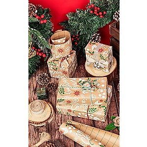 WRAPAHOLIC Kraft Christmas Wrapping Paper - Mini Roll - 17 Inch X 33 Feet - Merry Christmas Lettering with Christmas Leaves Design for Chrsitmas, Holiday, Party Celebration