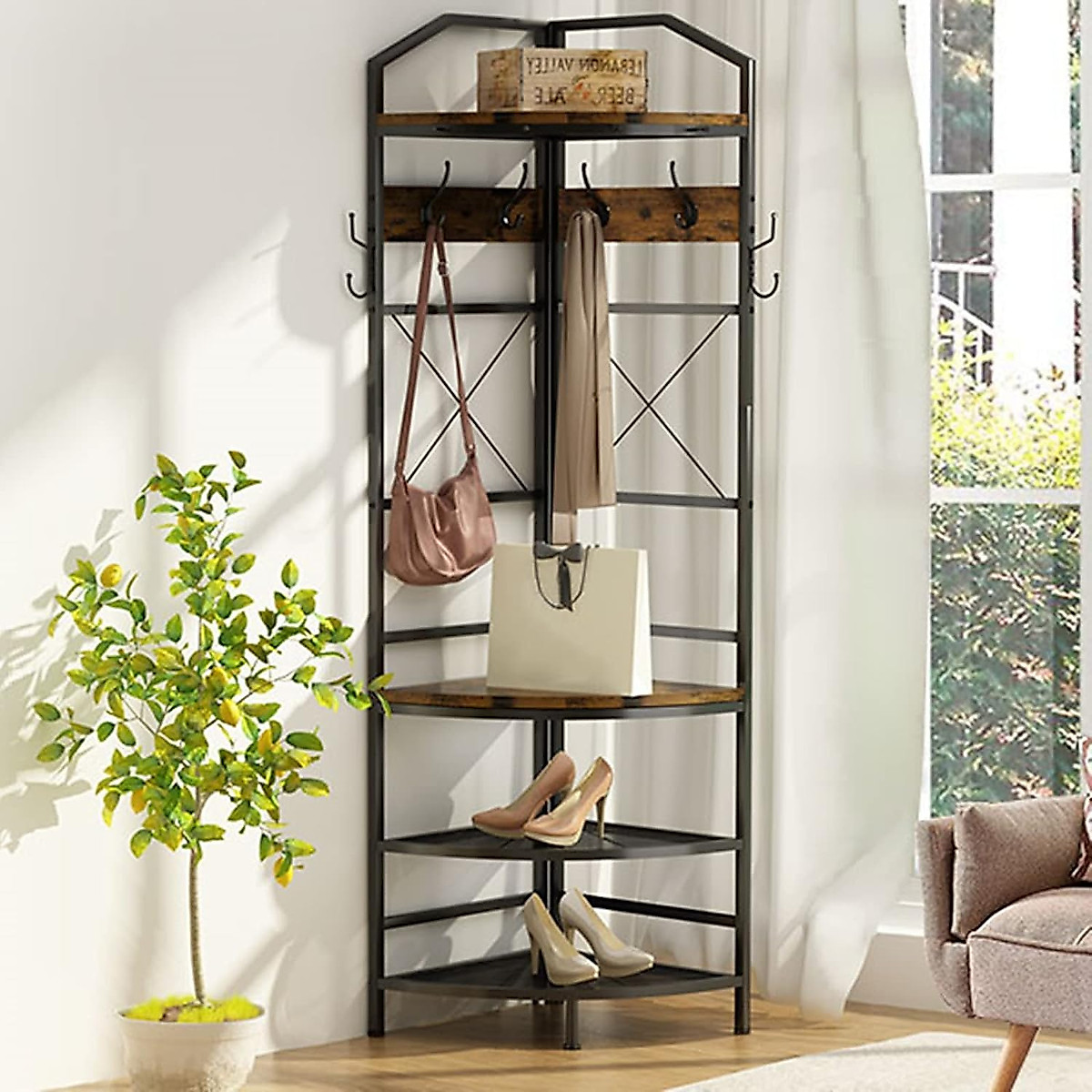 LTTROMAT 4-Tier Corner Hall Tree with Shoe Bench, Entryway Coat Rack with Storage, Industrial Corner Clothes Rack with 6 Metal Hooks and Wooden Storage Shelves