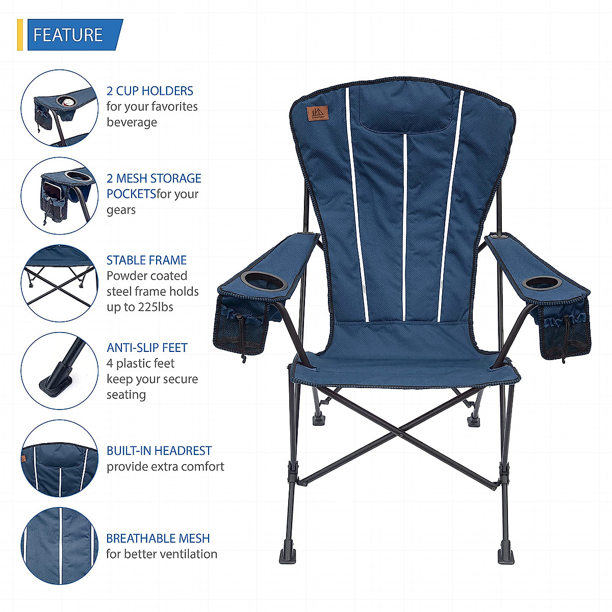 Outdoor-Forest HIGHBACK Adirondack Folding, Portable camping chair,Built in pillow. Two cup holder, Extra storage mesh pocket (Navy)