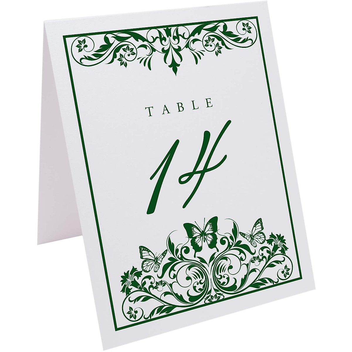 Butterfly Flourish Wedding Table Numbers (Select Color/Quantity), White, Hunter Green, 1-15, Double Sided, Tent or Use in a Stand, Great for Parties & Restaurants