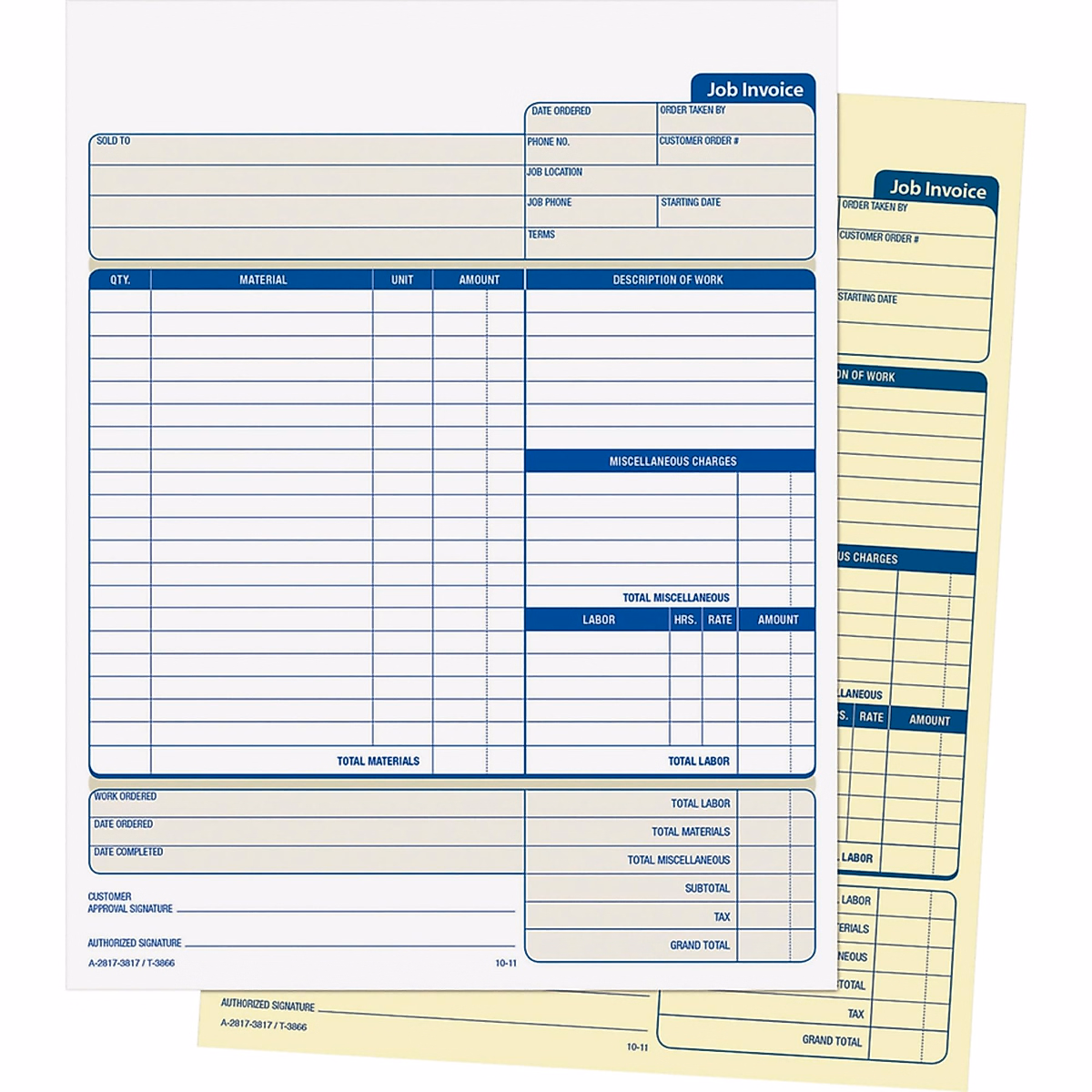 Adams Job Invoice Forms, 2-Part Carbonless, For Service and Repair Billing, 100 Individual Sets Per Pack (NC2817), White, 8-1/2 x 11Inches