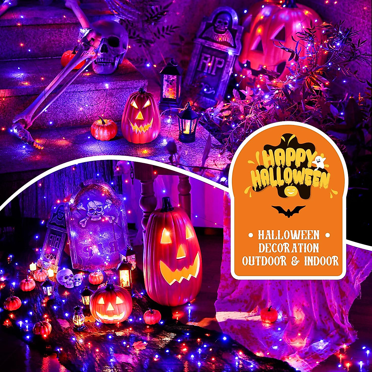JMEXSUSS 66ft 200 LED Orange Purple Halloween Lights,2 Pack Solar Halloween String Lights, Outdoor Waterproof, 8 Modes Solar Fairy Lights for Garden Party Decorations