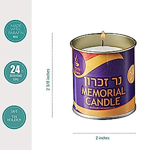 Tribello 1 Day Yahrzeit Memorial Candles - 6 Pack - Yahrzeit Candle for Ner Neshama, Yom Kippur Candles, Yizkor Candles - Unscented Paraffin Wax 24 Hour Yahrzeit Candles in Tin Cup Holder