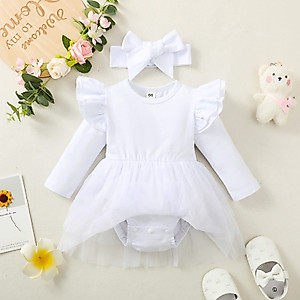 Baby Girl Clothes Infant Ruffle Sleeve Romper Dress Newborn Solid Tutu Skirt Sets Jumpsuit Headband Outfit (032B-White, 9-12 Months)
