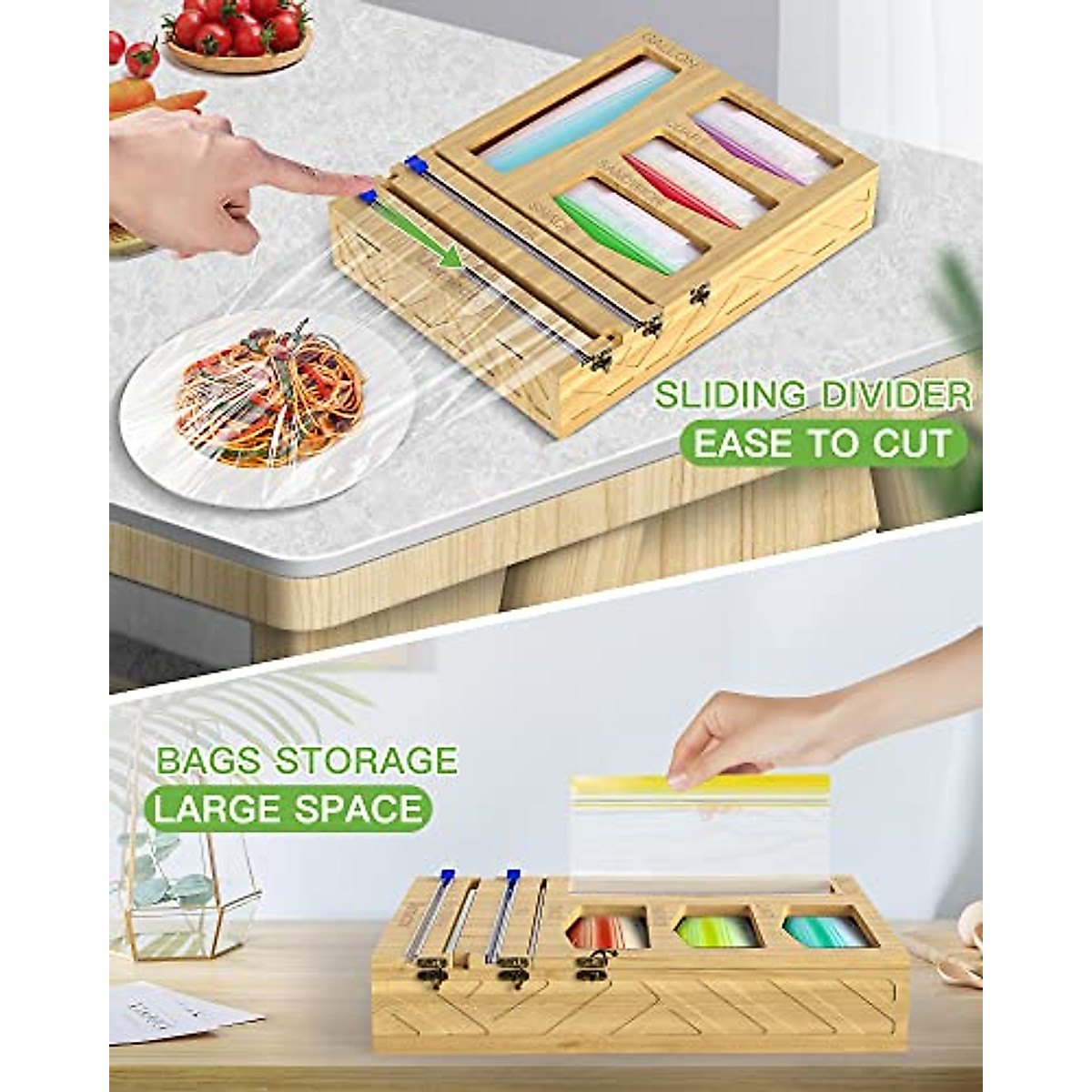 6 In 1 Ziplock Bag Storage Organizer, Foil and Plastic Wrap Organizer, Uamector Bamboo Aluminum Foil Dispenser with Cutter for Kitchen Drawer, Applies to Gallon Quart Sandwich Snack Bags, Cling Film Aluminum Foil, etc