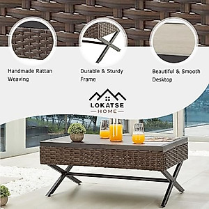 LOKATSE HOME Outdoor Side Wicker Patio Rattan Bistro Furniture Metal Frame End Coffee Tables with X Shaped Steel Legs & Wood Grain Desktop, Brown