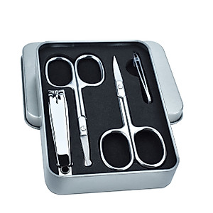 5Pcs Beauty Grooming Eyebrow Scissor Men Women Facial Nose Hair Scissor Curved Round Blunt Mustache Beard Manicure Pedicure Trimmer Set Stainless Steel Slant Tweezers Nail Clipper Pet Dog Scissor Kit