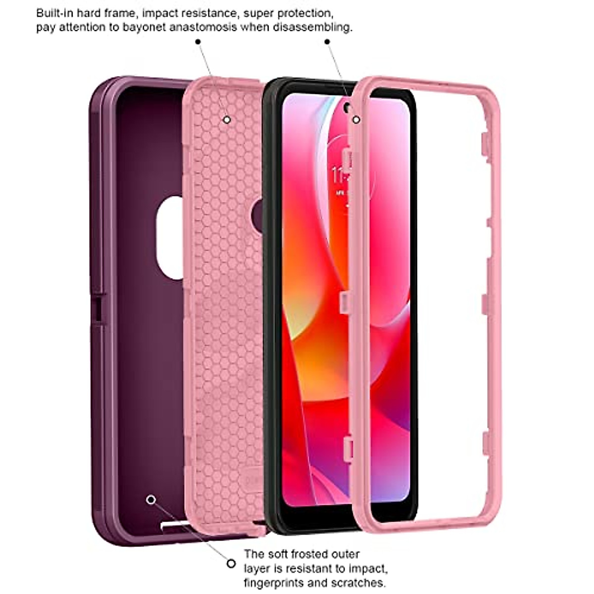 Qinmay Moto G Power 2022 WineRed-Pink Case: 3-in-1 Shockproof, Dustproof, Heavy Duty Protection with 2 HD Screen Protectors